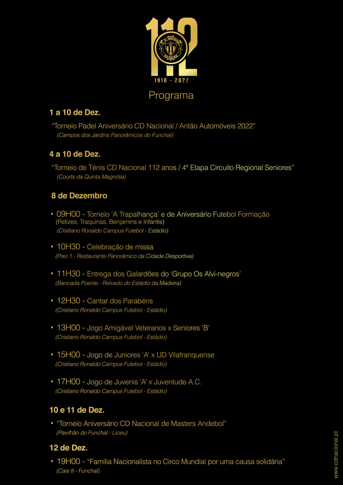 Programa do 112º Aniversário - 8 de Dezembro - Clube Desportivo Nacional - Madeira